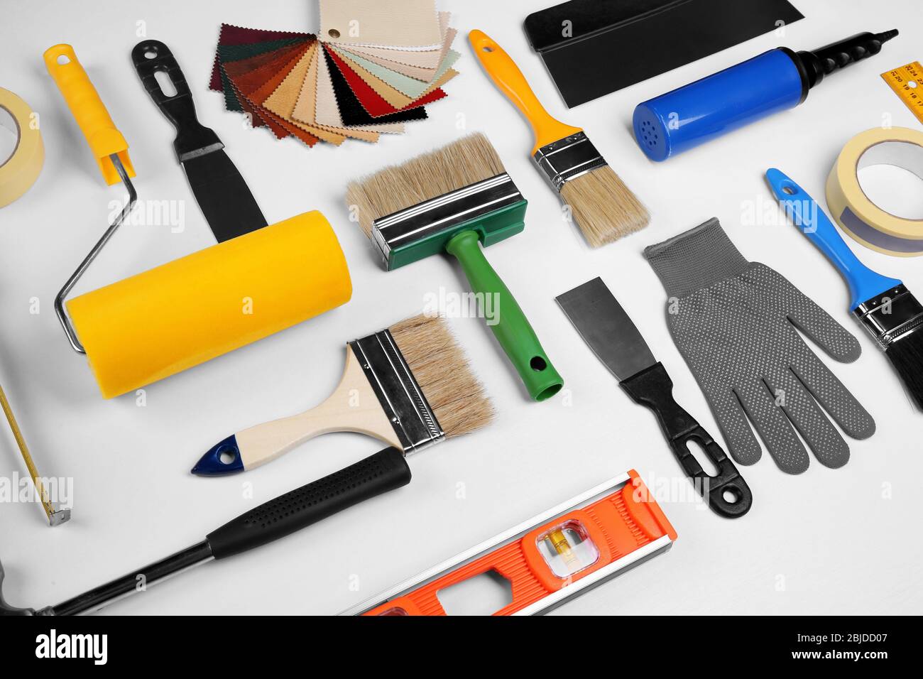 Set of professional decorator equipment on white background Stock Photo ...