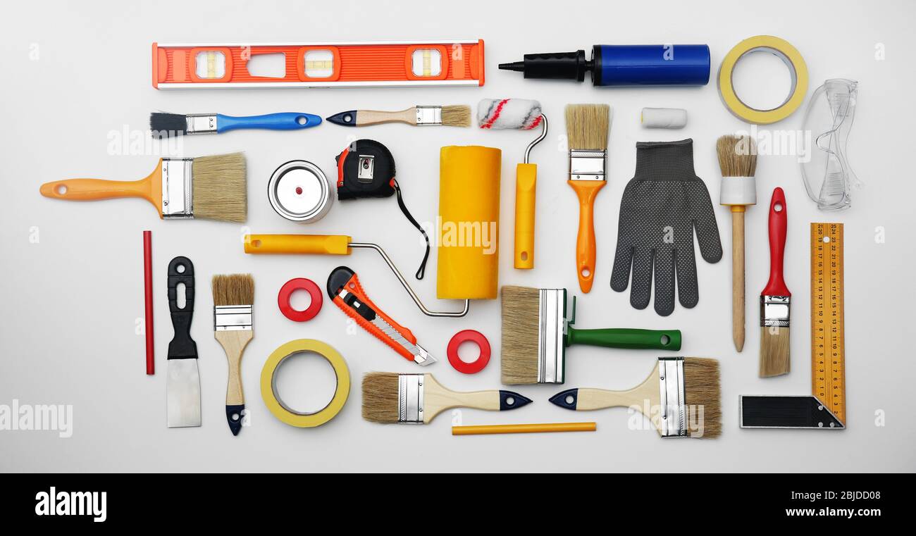 Set of professional decorator equipment on white background Stock Photo ...