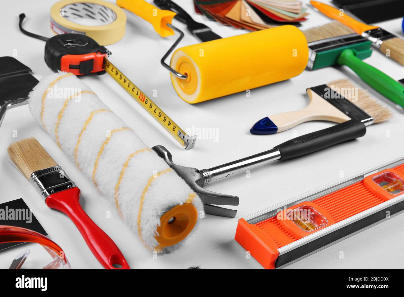Set of professional decorator equipment on white background Stock Photo ...