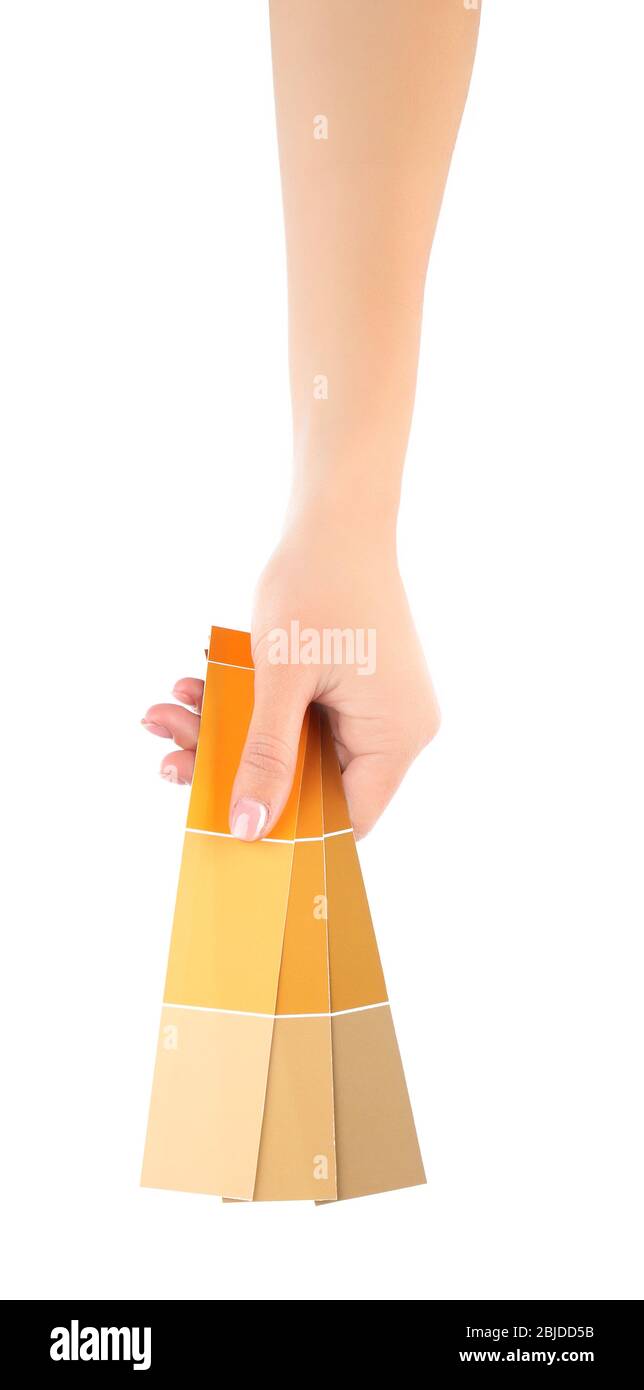 Female hand holding color samples on white background Stock Photo - Alamy