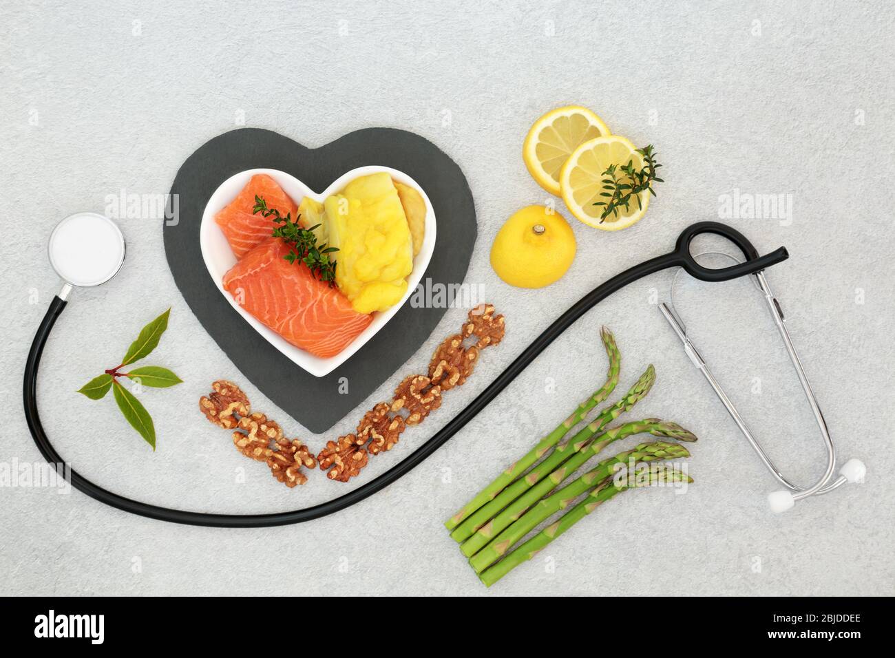 Healthy heart food concept with seafood, fruit, vegetables, nuts ...