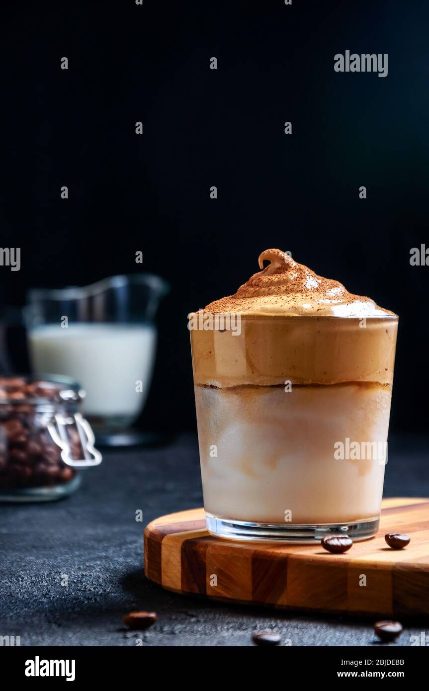 Iced Dalgona Coffee on Dark Background. Trendy Creamy Whipped Coffee ...