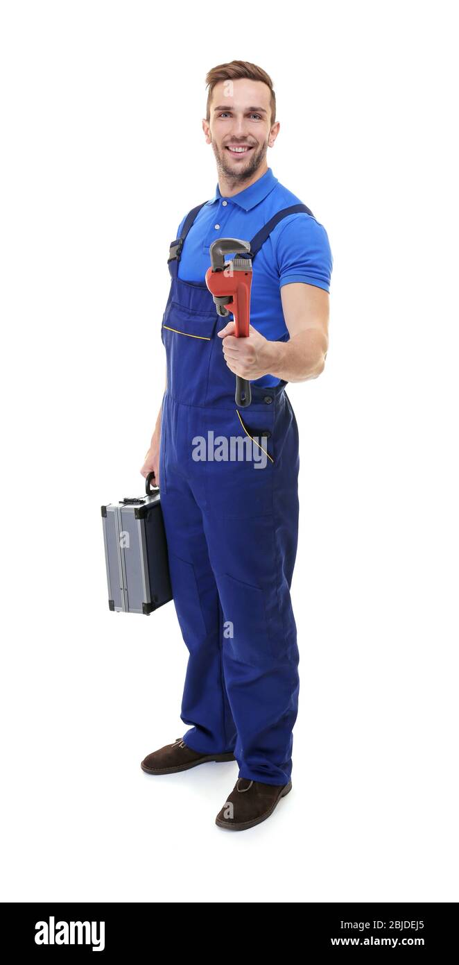 Plumber in blue uniform with screw-wrench and tool box isolated on ...