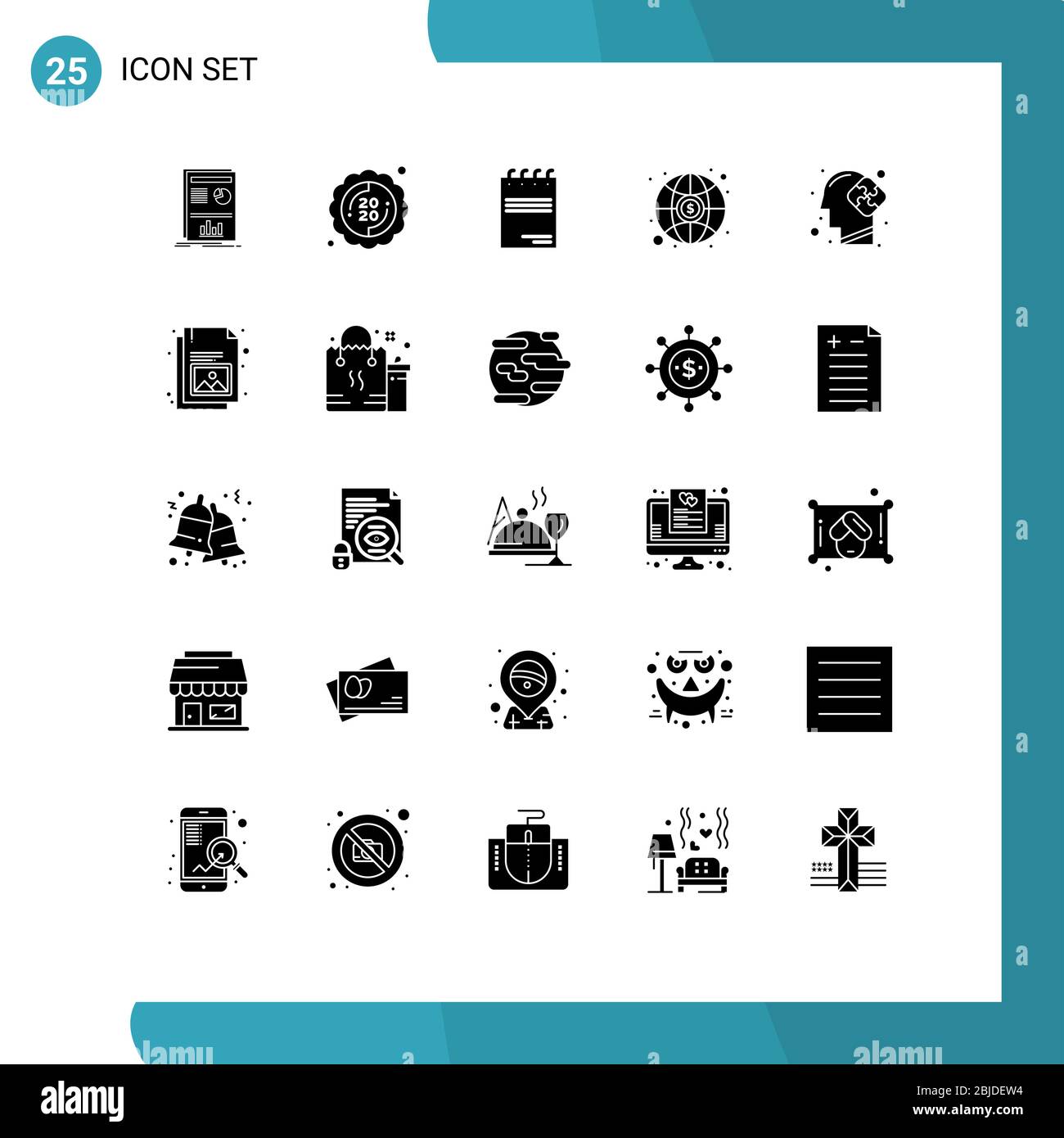 Set of 25 Commercial Solid Glyphs pack for solution, human, notepad ...