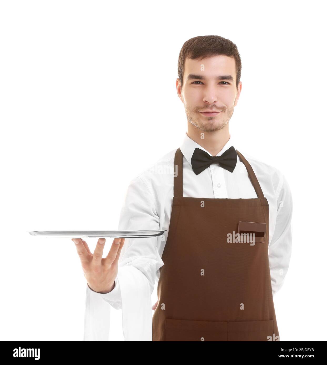 Cute waiter holding empty tray and napkin on white background Stock ...