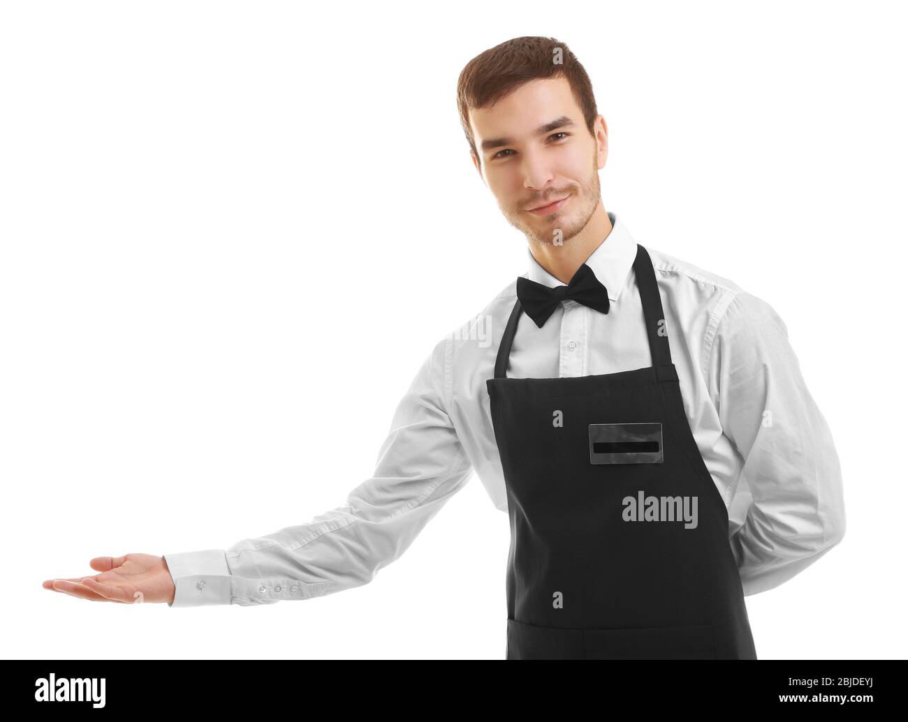 Cute waiter welcoming you on white background Stock Photo - Alamy