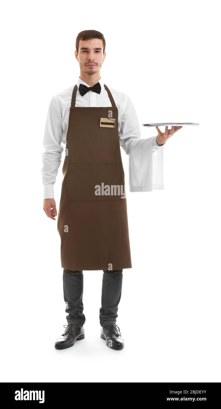 Cute waiter holding empty tray and napkin on white background Stock ...
