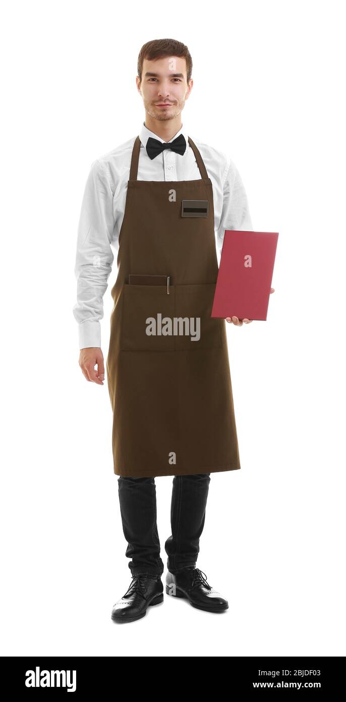 Cute waiter holding red menu folder on white background Stock Photo - Alamy