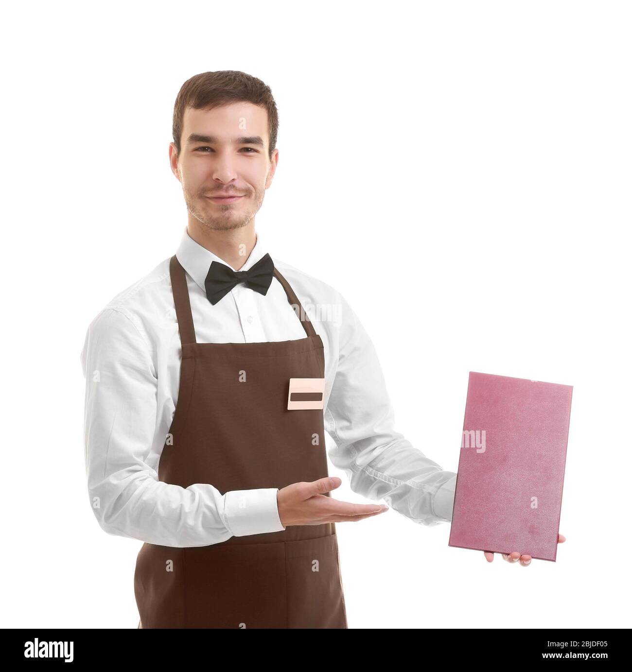 Cute waiter holding brown bill folder on white background Stock Photo ...