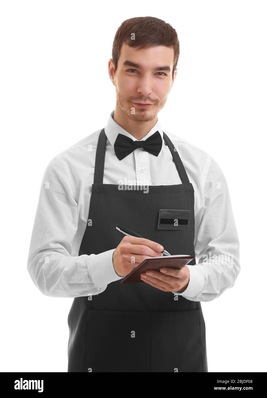 Cute waiter holding brown bill folder on white background Stock Photo ...