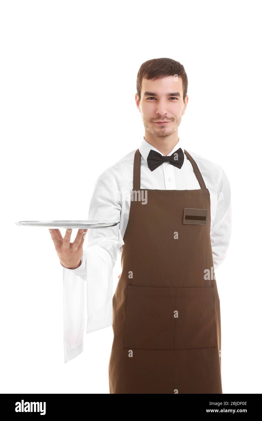 Cute waiter holding empty tray and napkin on white background Stock ...