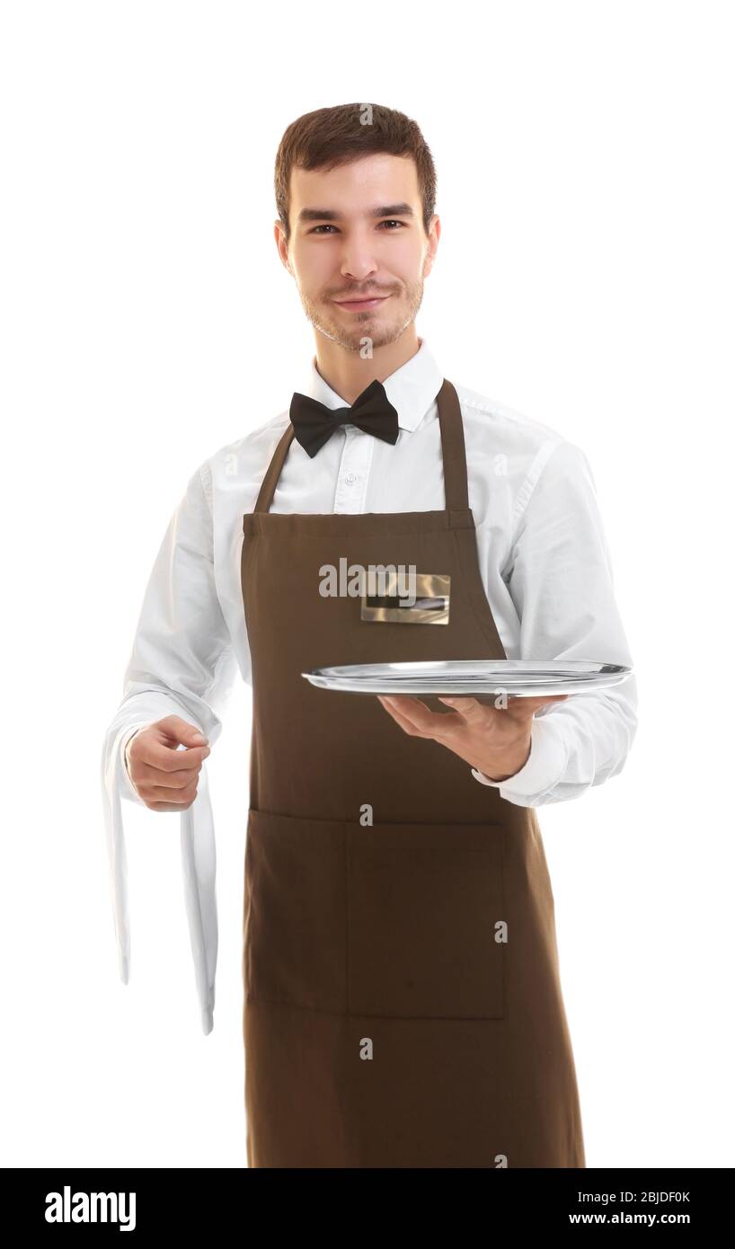 Cute waiter holding empty tray and napkin on white background Stock ...