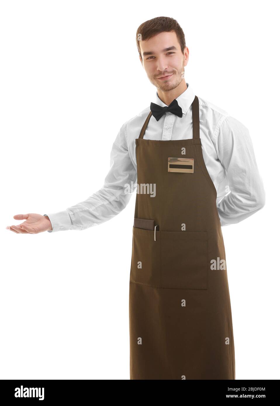 Cute waiter welcoming you on white background Stock Photo - Alamy