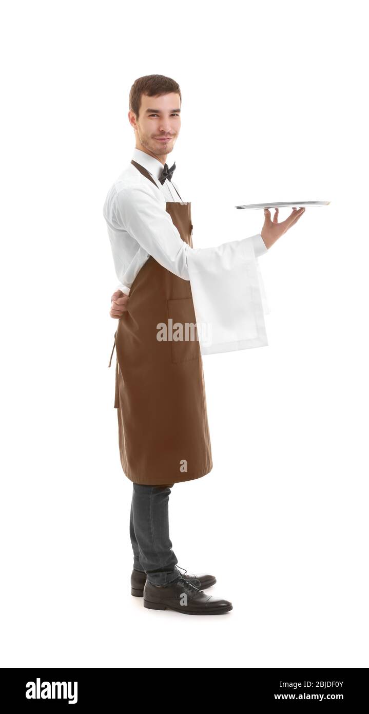 Cute waiter holding empty tray and napkin on white background Stock ...