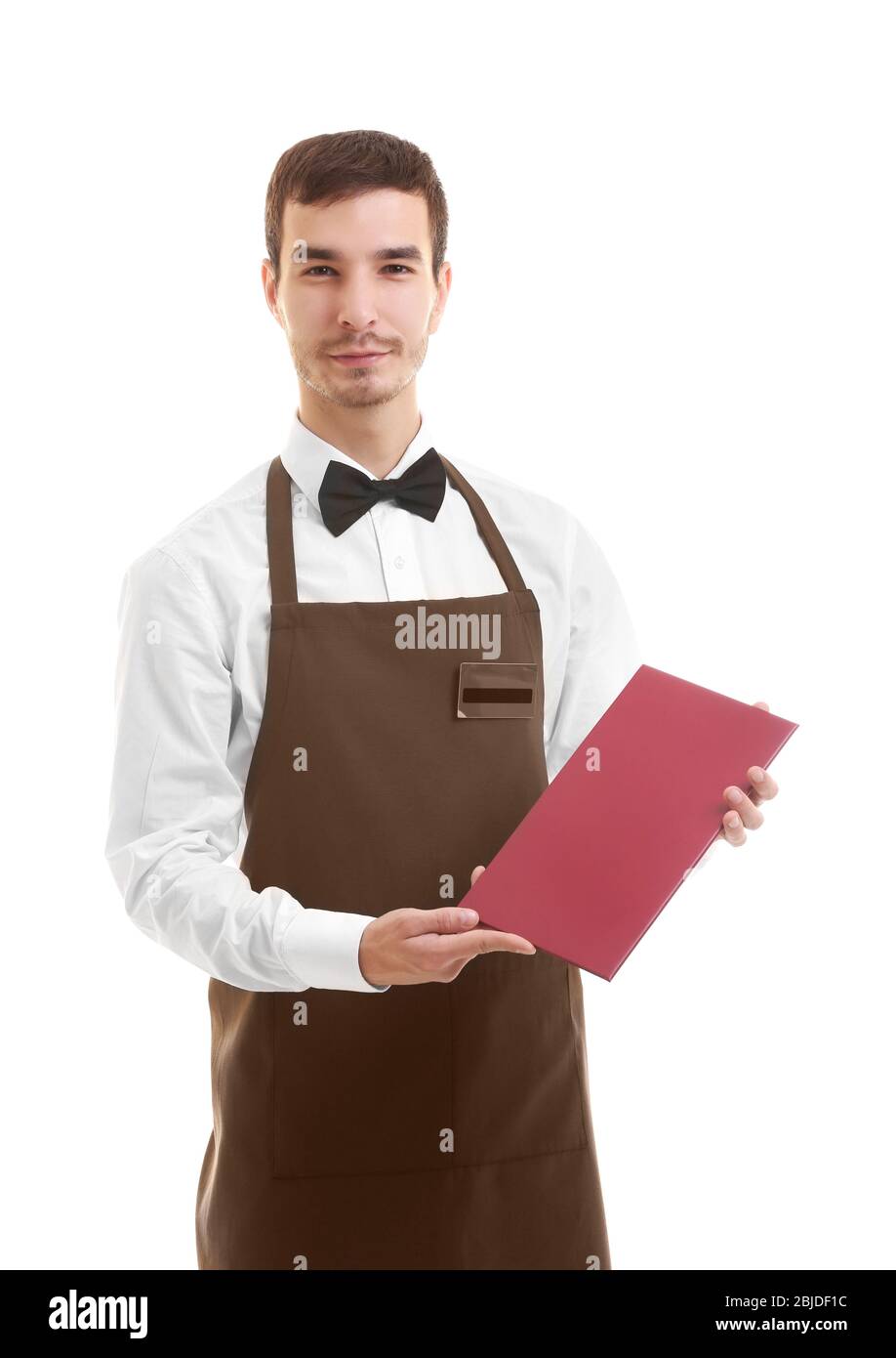 Cute waiter holding brown bill folder on white background Stock Photo ...