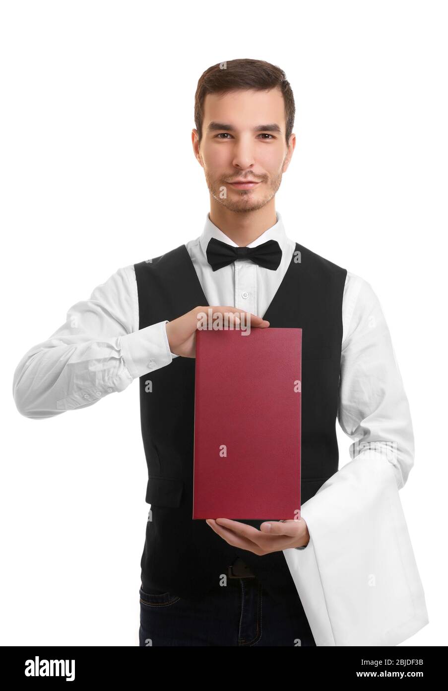 Cute waiter holding red menu on white background Stock Photo - Alamy