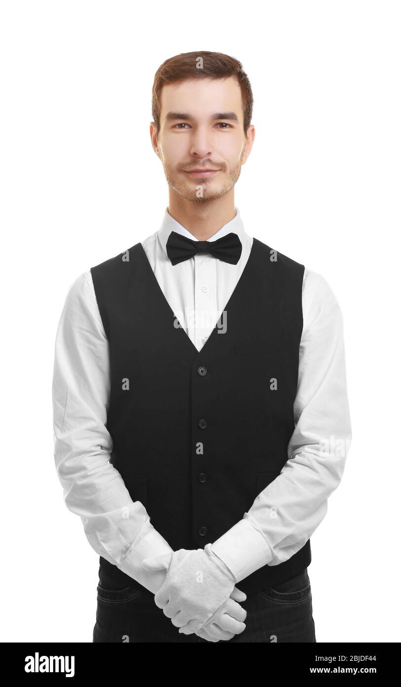 Cute waiter on white background Stock Photo - Alamy
