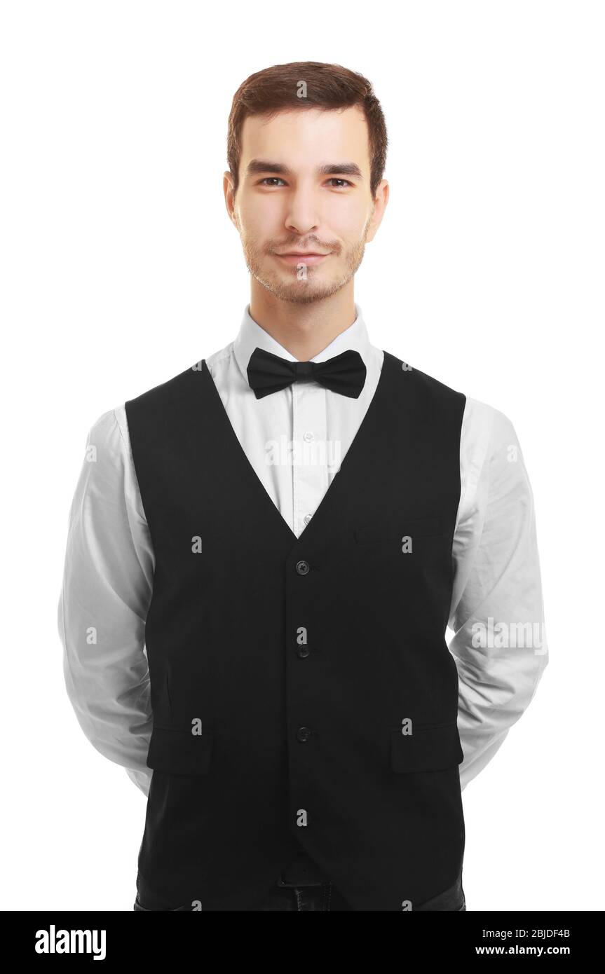 Cute waiter holding brown bill folder on white background Stock Photo ...