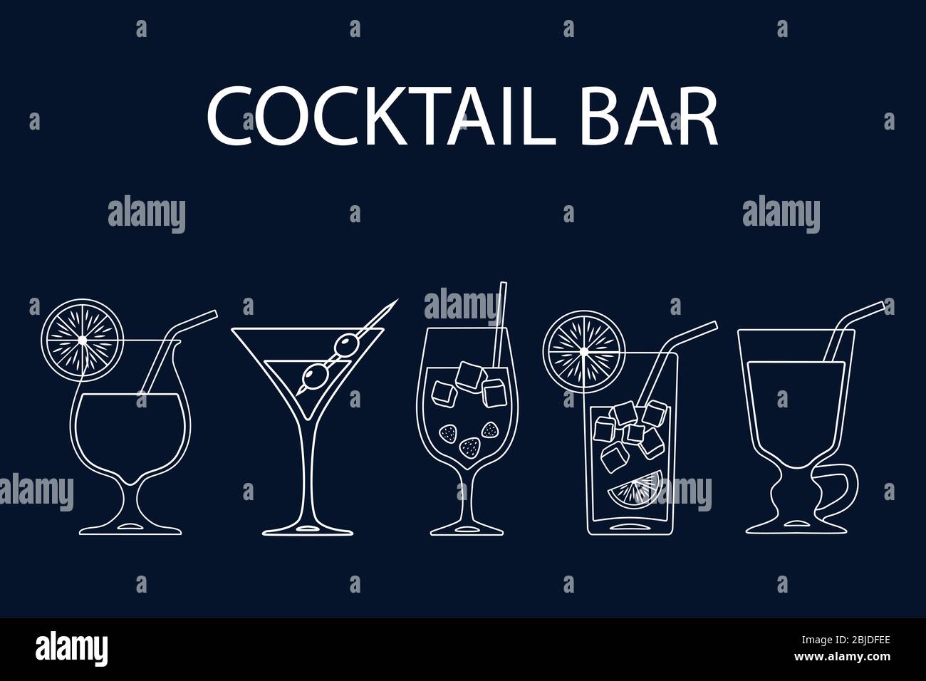 Set of cocktails line art design on blue background. Vector ...