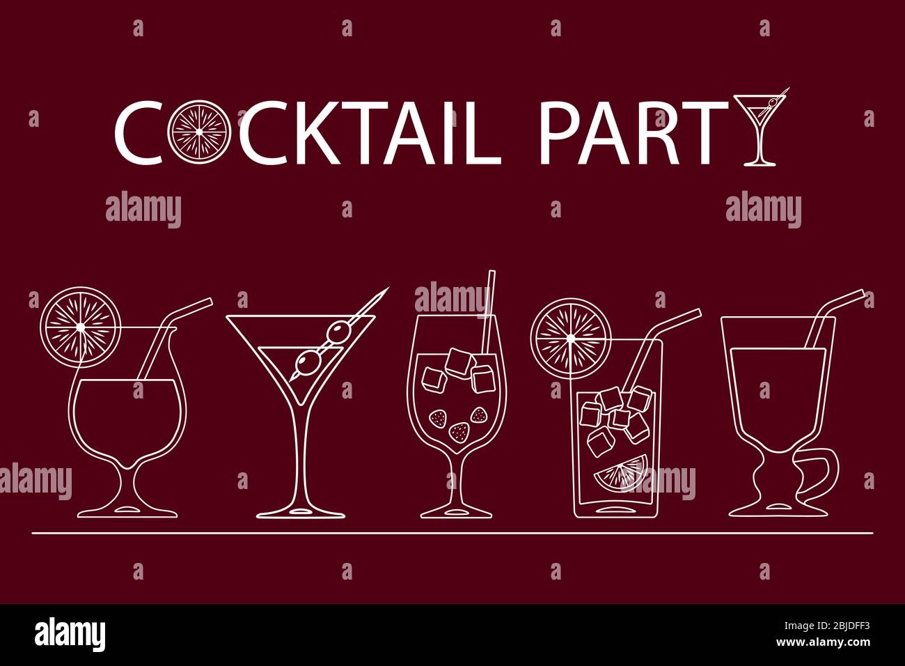 Set of cocktails line art design on red background. Vector illustration ...