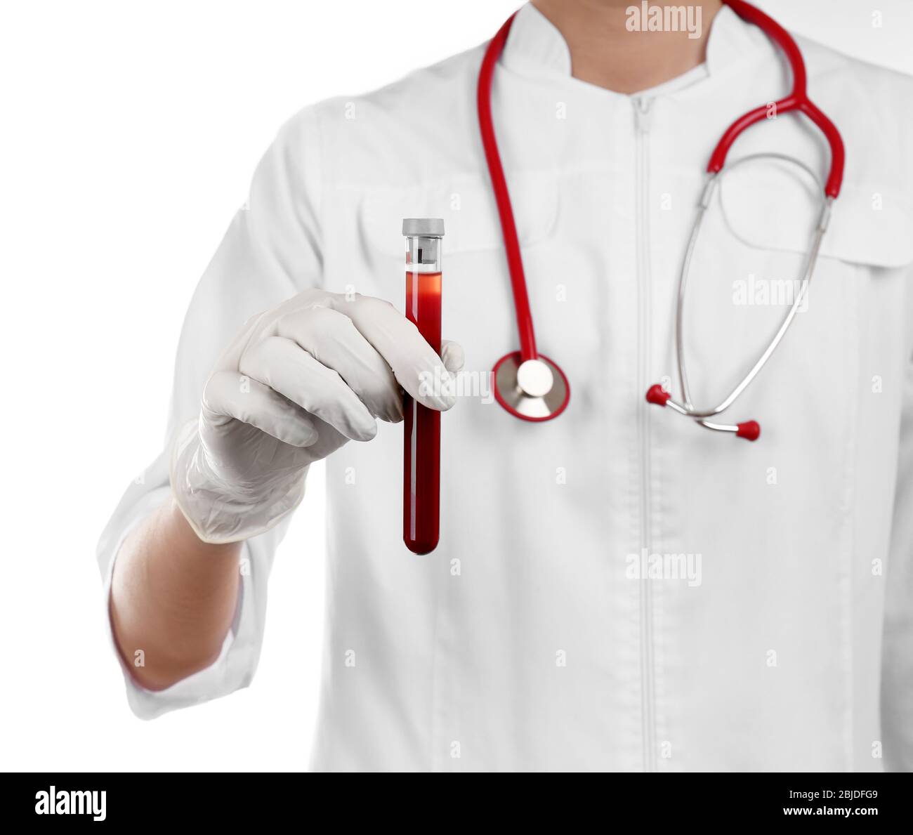 Doctor holding red blood in test tube on white background, close up ...