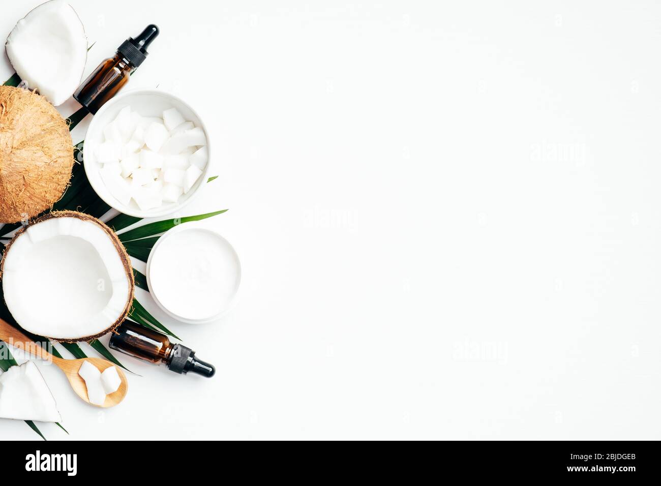 Flat lay composition with coconut oil and body cream with tropical palm ...