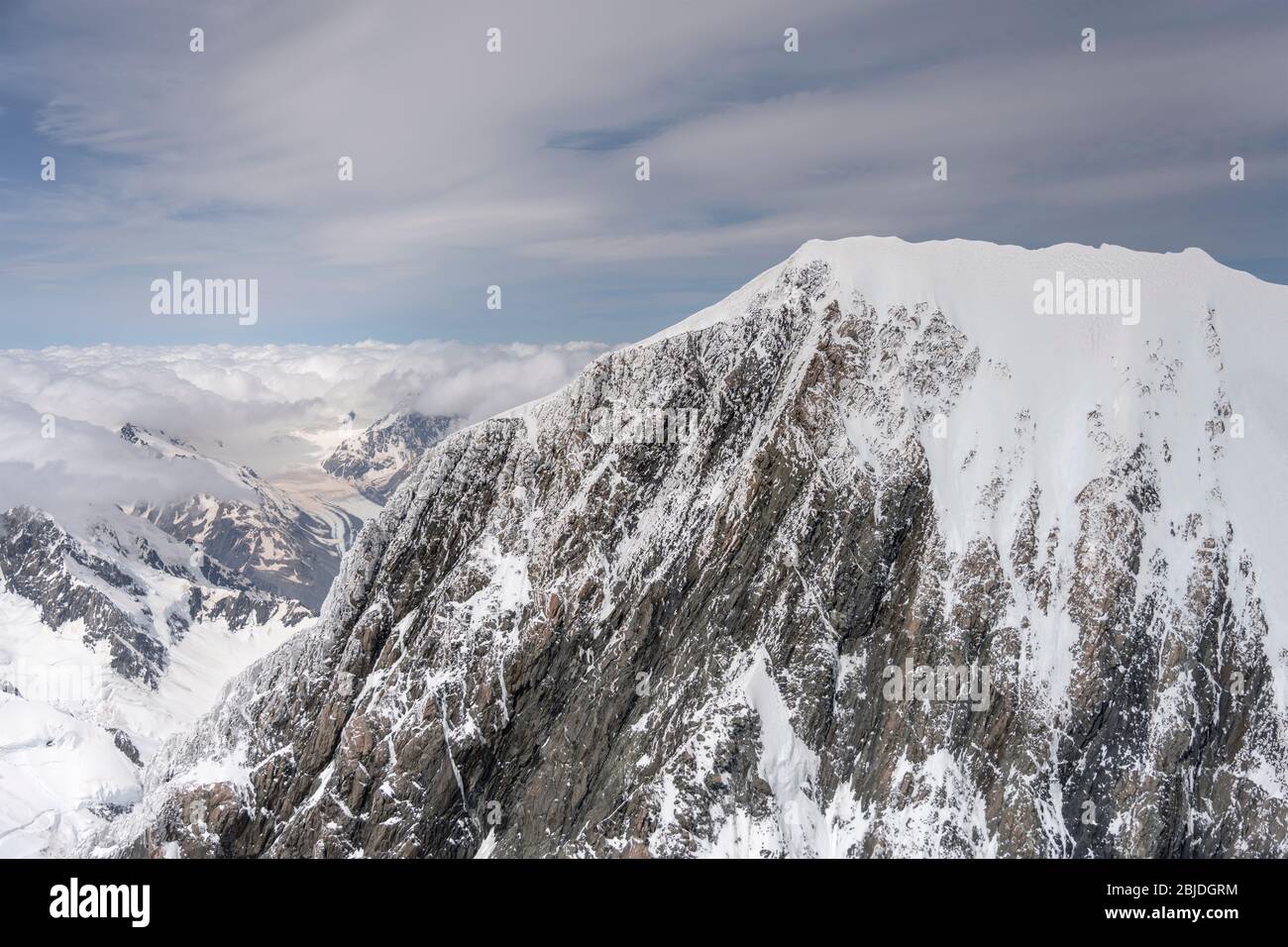 aerial, from a glider, with Mt. Cook range summit with snow on ...