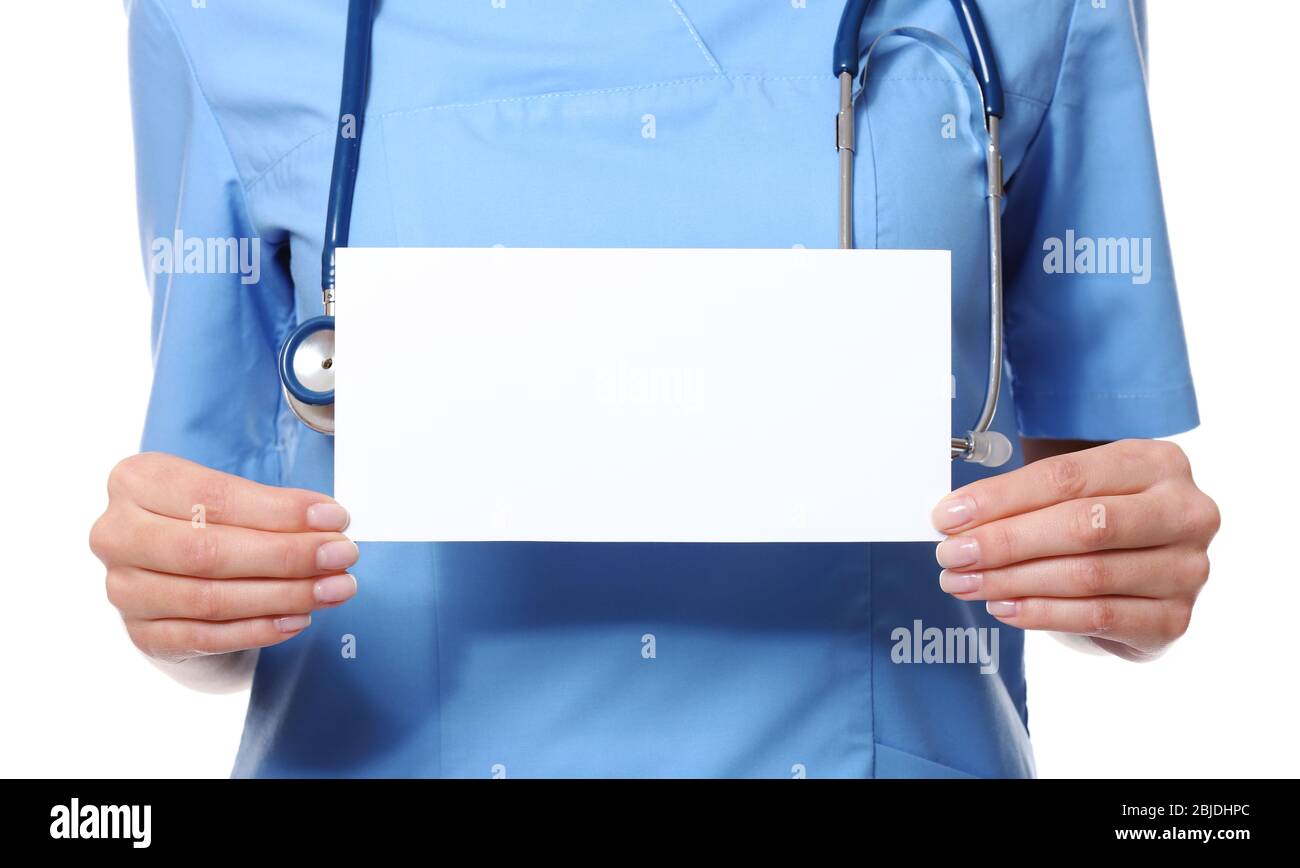 Close up view of doctor holding blank paper sheet on white background ...