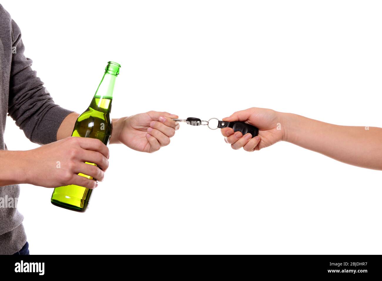 Woman taking car key from drunk man, on white background. Don't drink ...