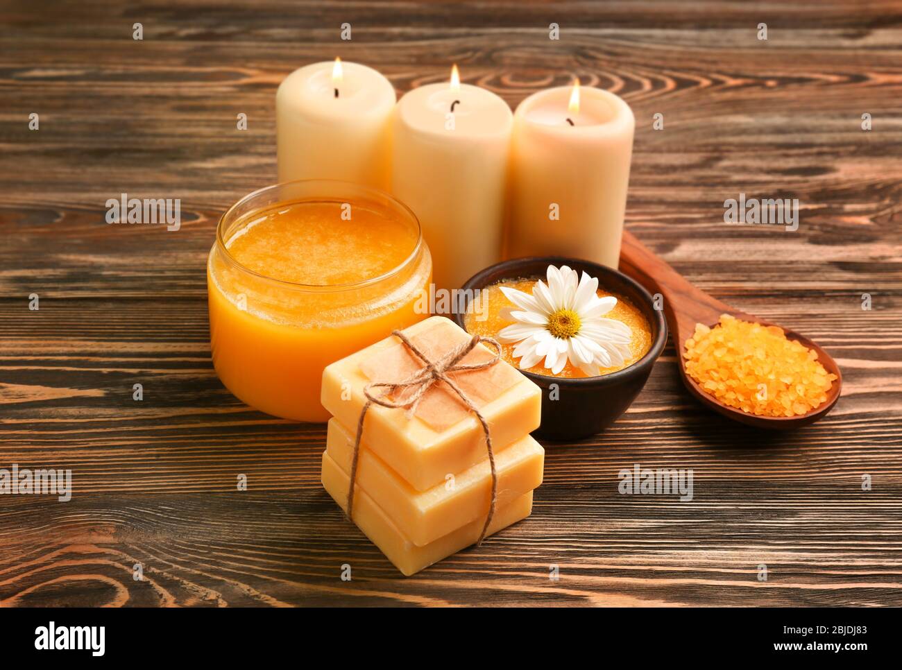 Body scrub and honey on wooden background Stock Photo - Alamy