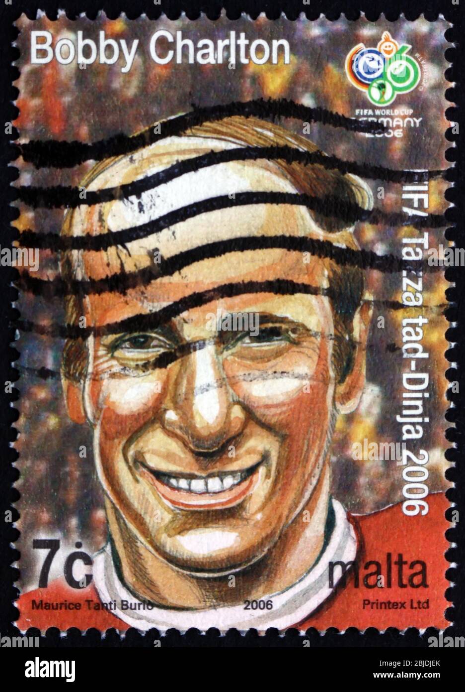MALTA - CIRCA 2006: a stamp printed in Malta shows Bobby Charlton ...