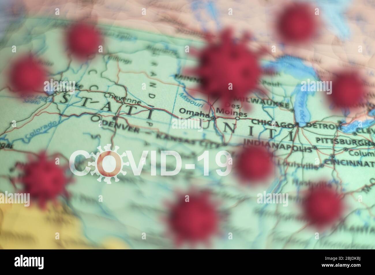 Covid-19 outbreak or new Coronavirus, 2019-nCoV, virus on a map of USA ...