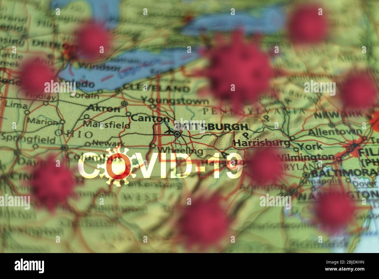 Covid-19 outbreak or new Coronavirus, 2019-nCoV, virus on a map of USA ...