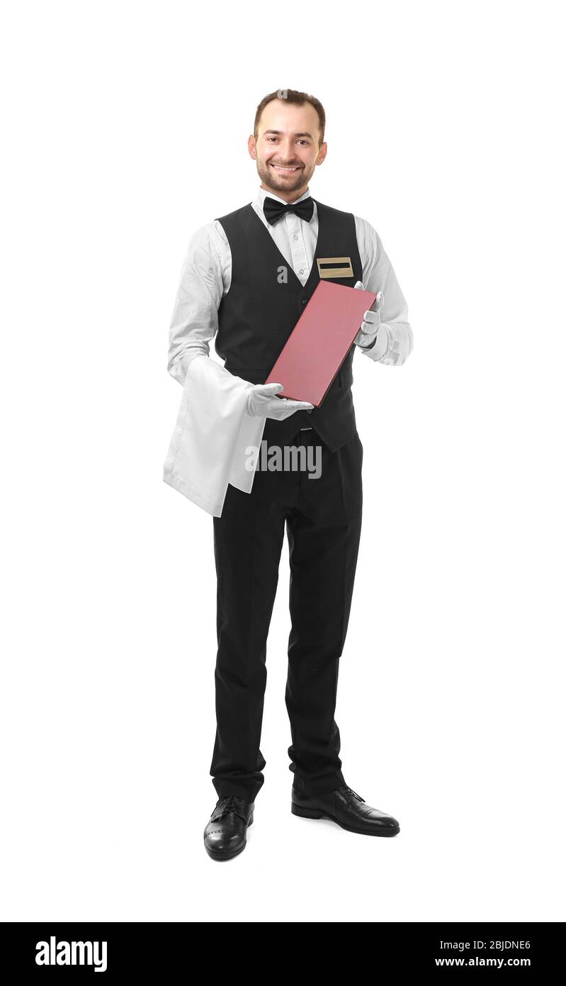 Handsome waiter with menu on white background Stock Photo - Alamy