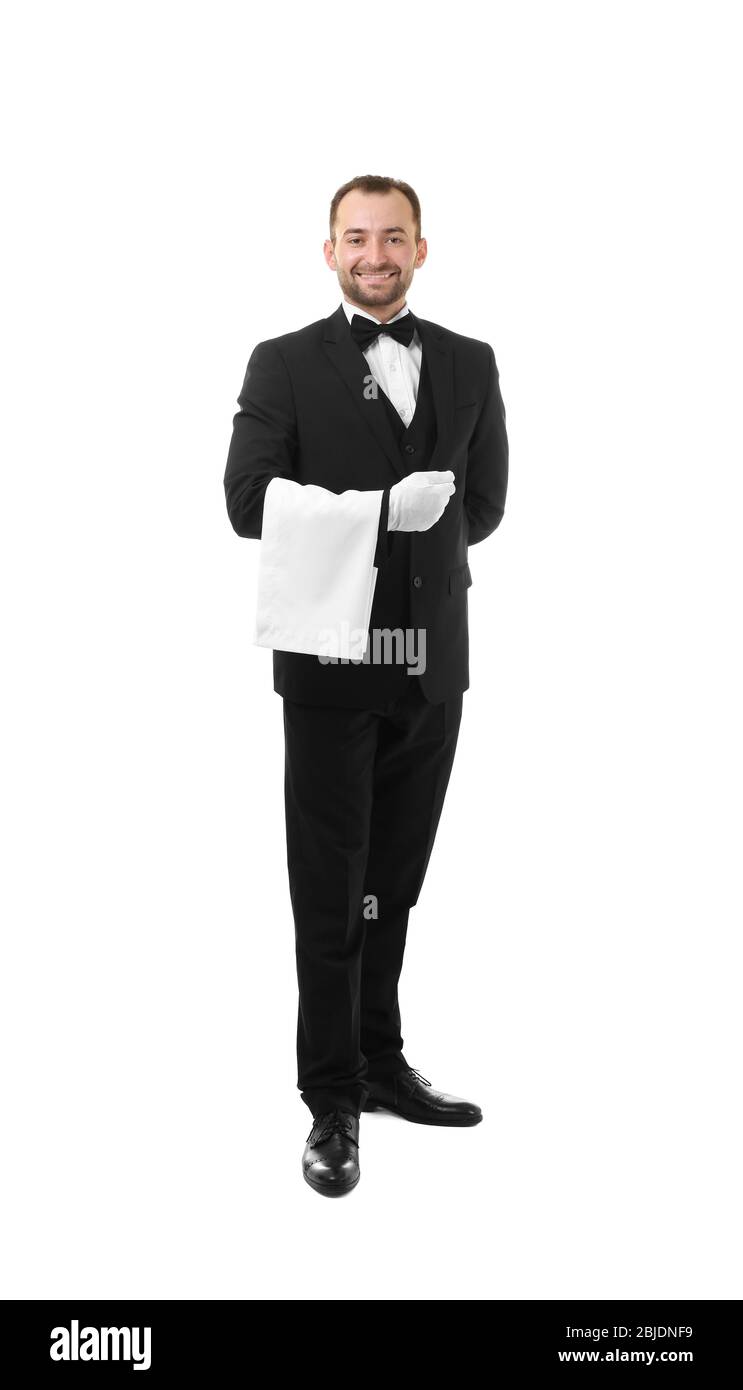 Handsome waiter with towel on white background Stock Photo - Alamy