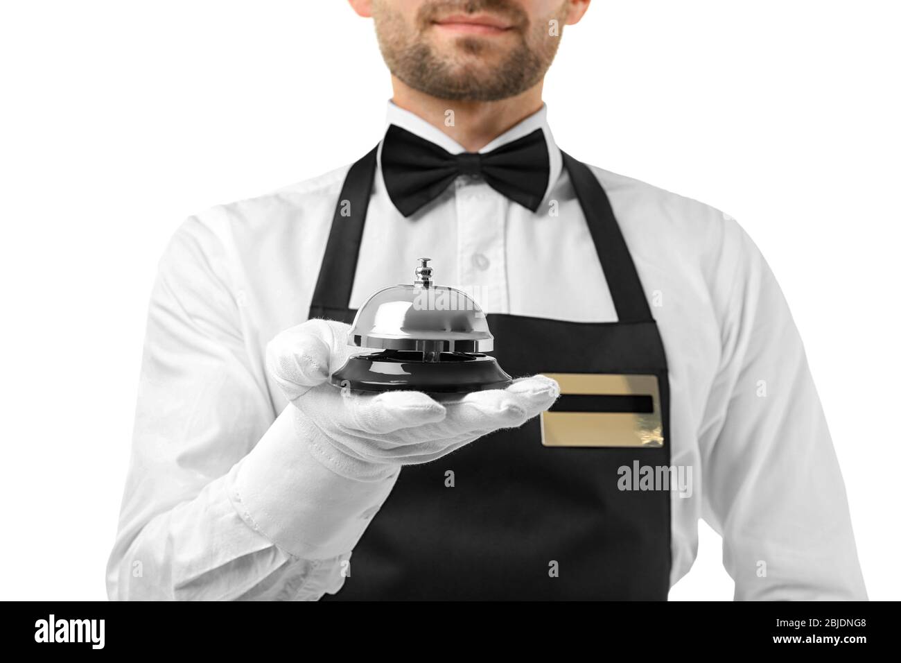 Waiter with bell on white background, closeup Stock Photo - Alamy
