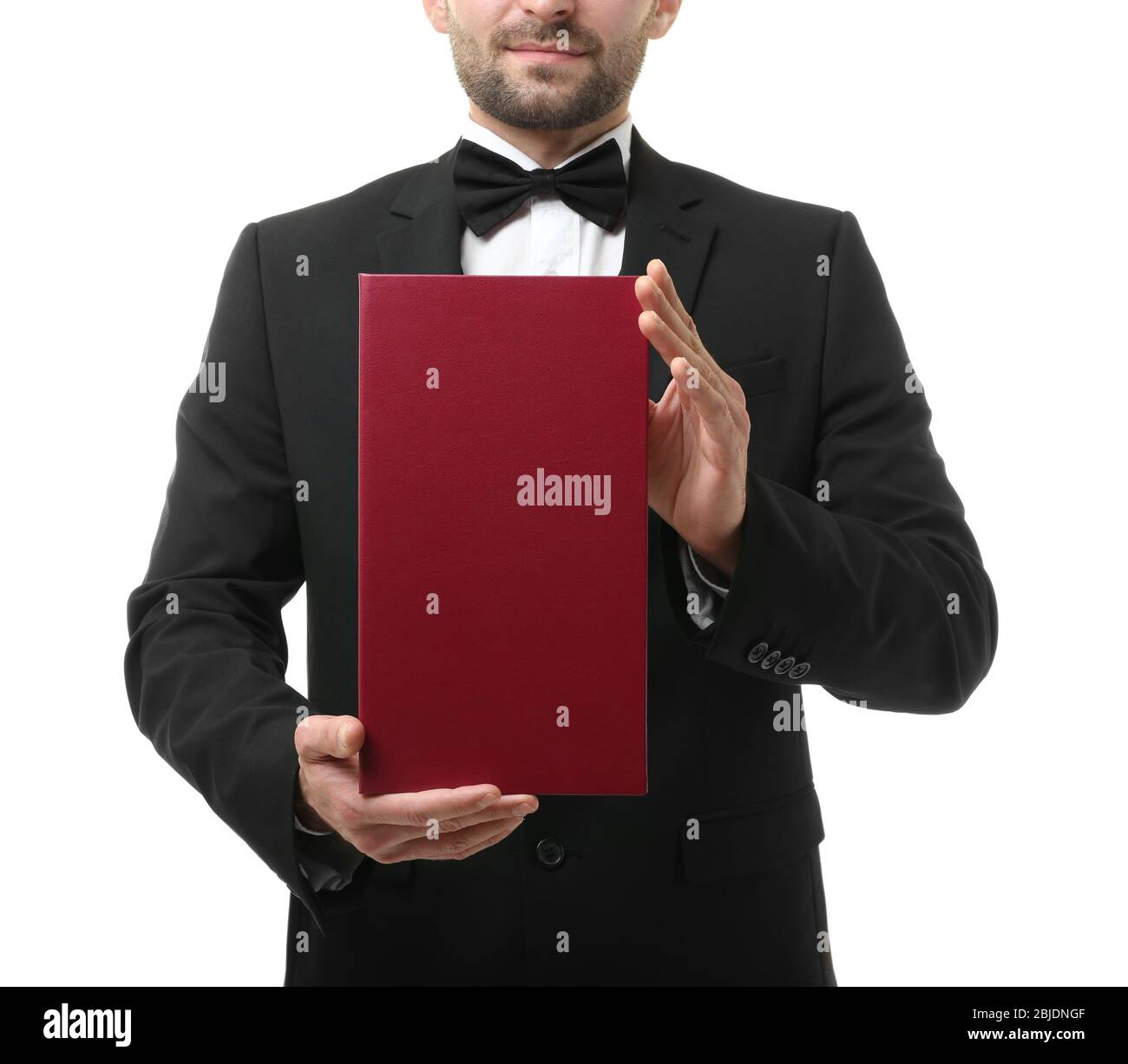 Close up view of waiter holding menu, on white background Stock Photo ...
