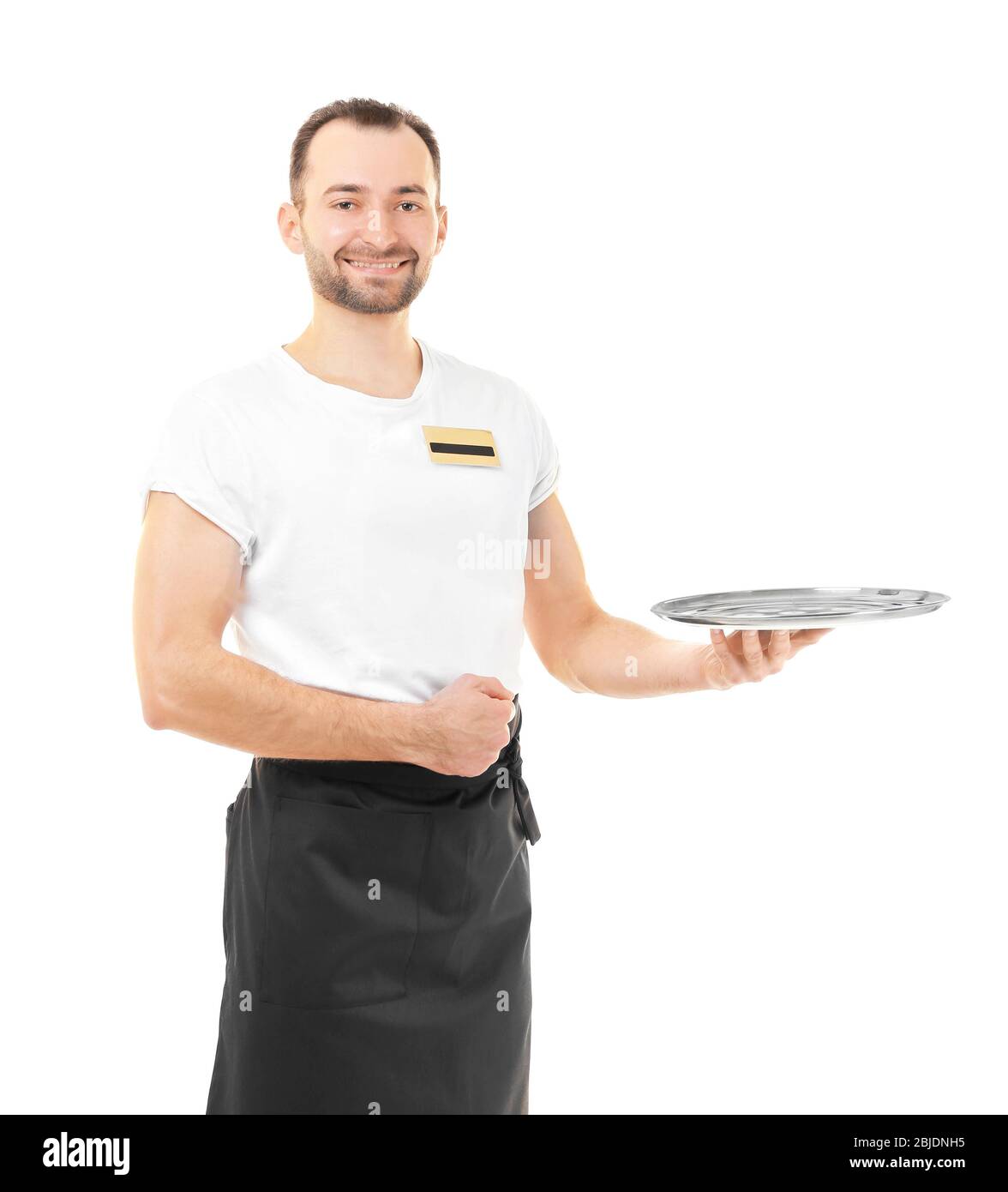 Handsome waiter with metal tray on white background Stock Photo - Alamy