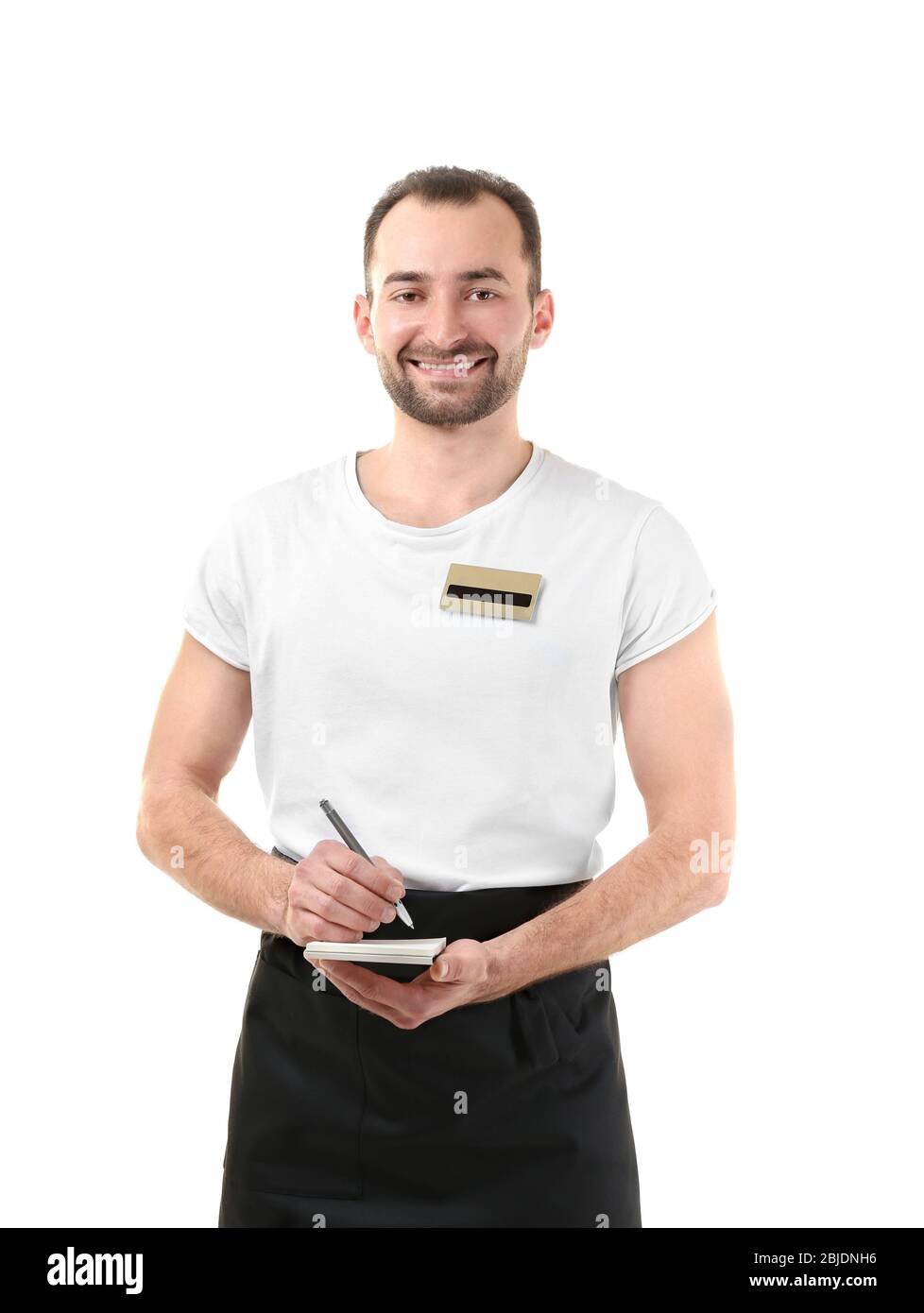 Handsome waiter with notebook and pen on white background Stock Photo ...