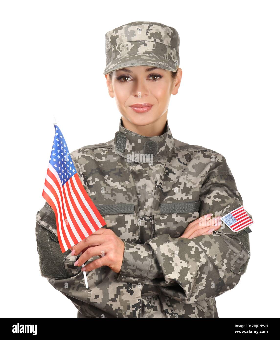 Female soldier with USA flag on white background Stock Photo - Alamy