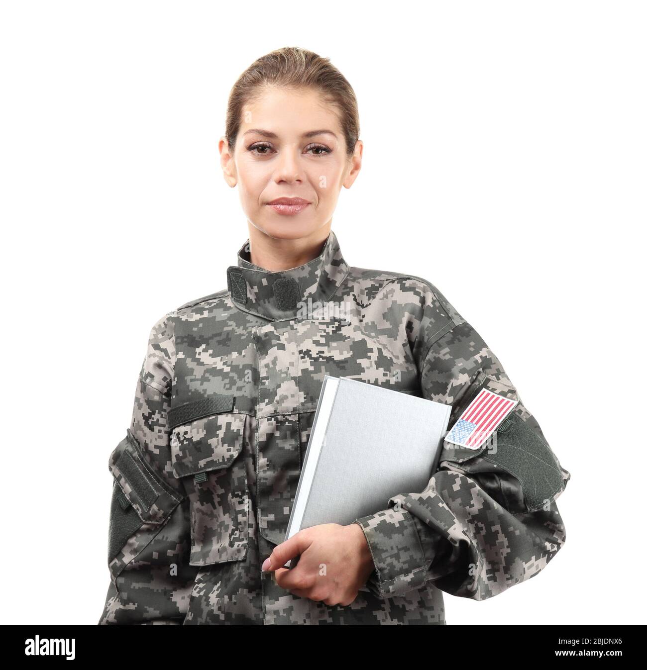 Female soldier with book on white background Stock Photo - Alamy