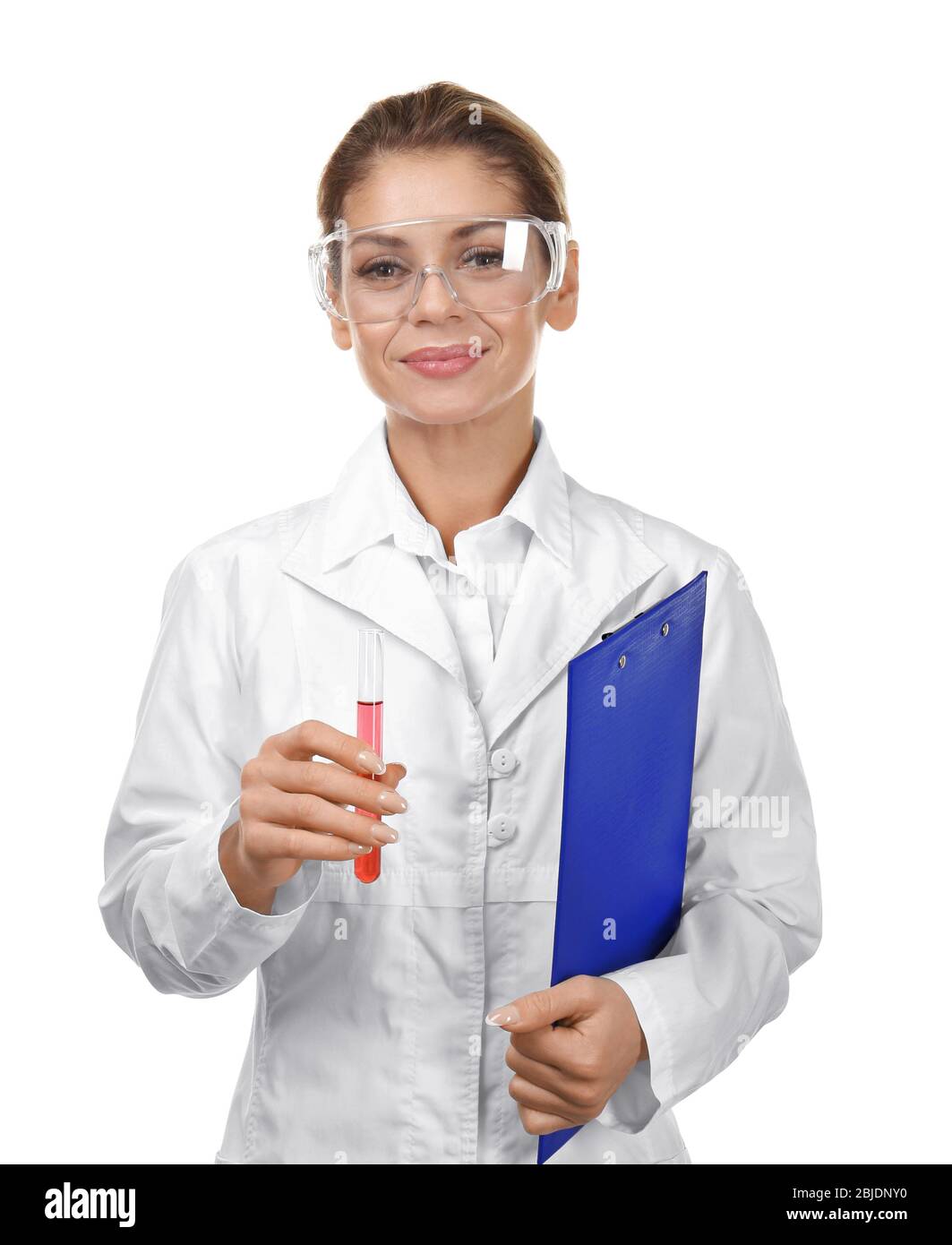 Female scientist with clipboard and glass tube on white background ...
