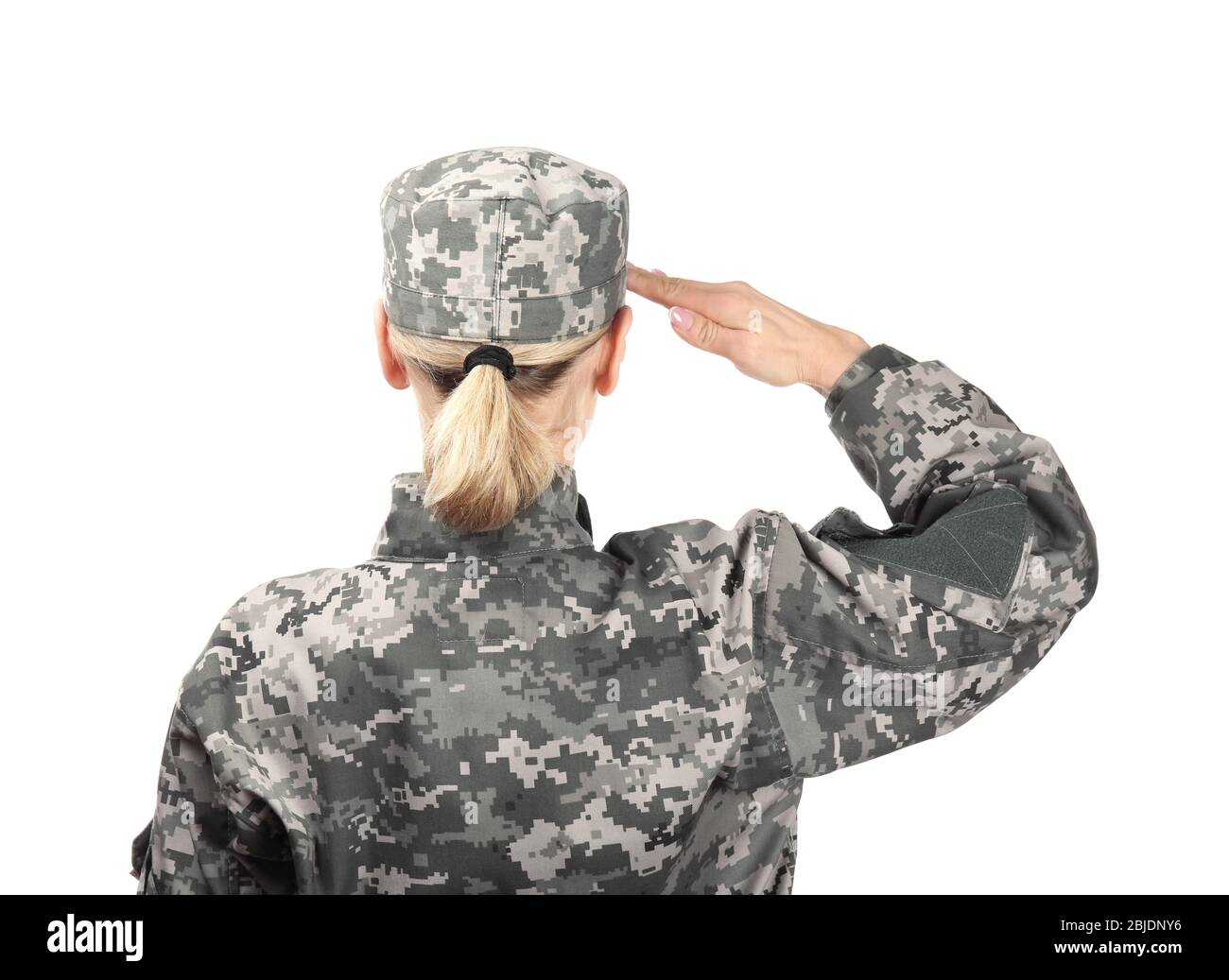Female soldier saluting on white background Stock Photo - Alamy