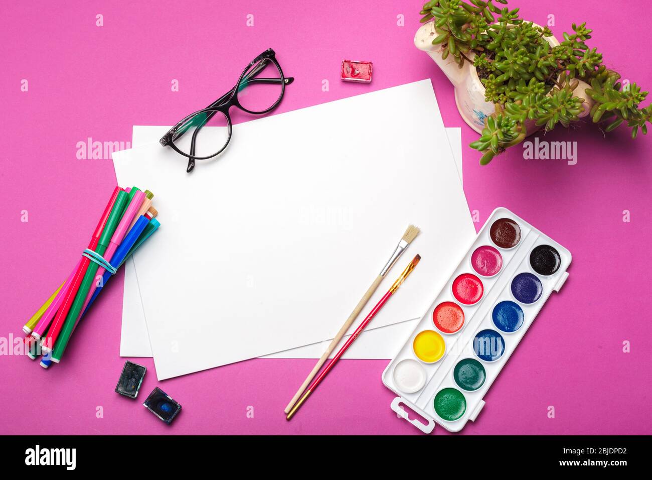 Top view of Watercolor Painting Supplies, Brushes and Colorful Pencil ...