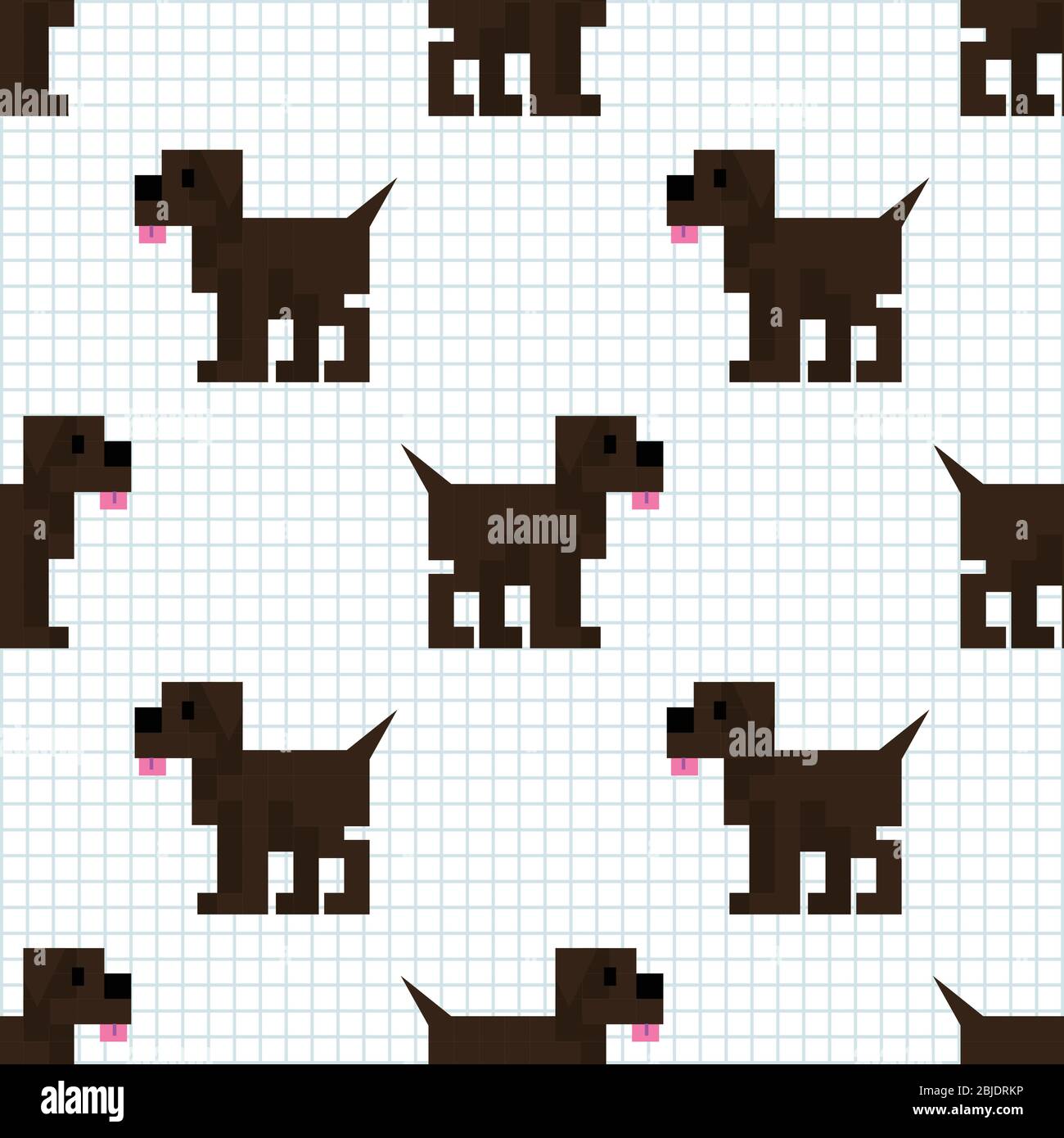Cute cartoon brown 8bit dog seamless vector pattern. Kawaii pixel art ...