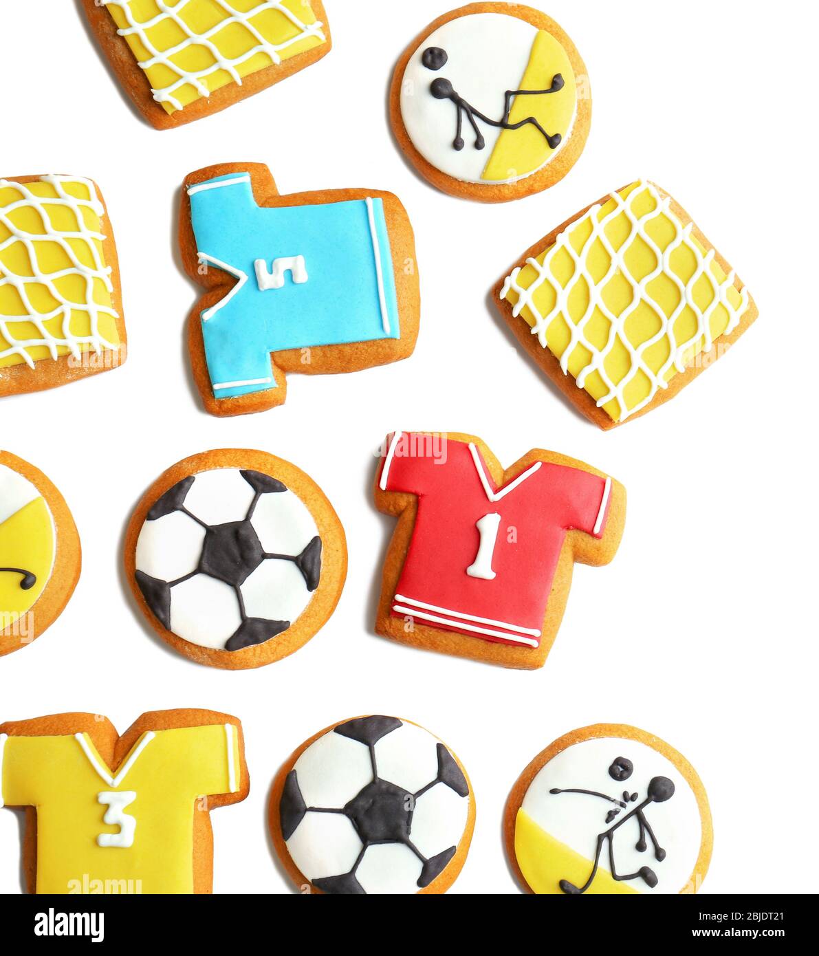 Delicious gingerbread cookies decorated with football signs on white ...