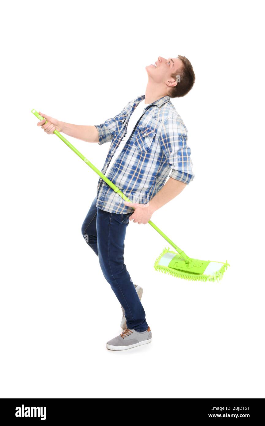 Man holding cleaning supplies Cut Out Stock Images & Pictures - Alamy