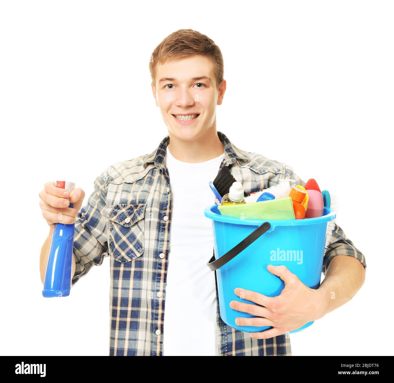 Man holding bucket Cut Out Stock Images & Pictures - Alamy