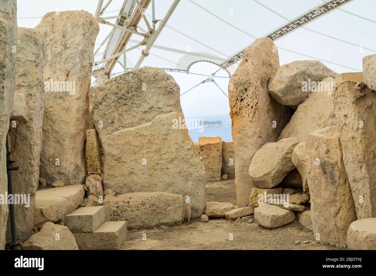 Hagar Qim prehistoric temple, Qrendi, Malta, with view out to sea Stock ...