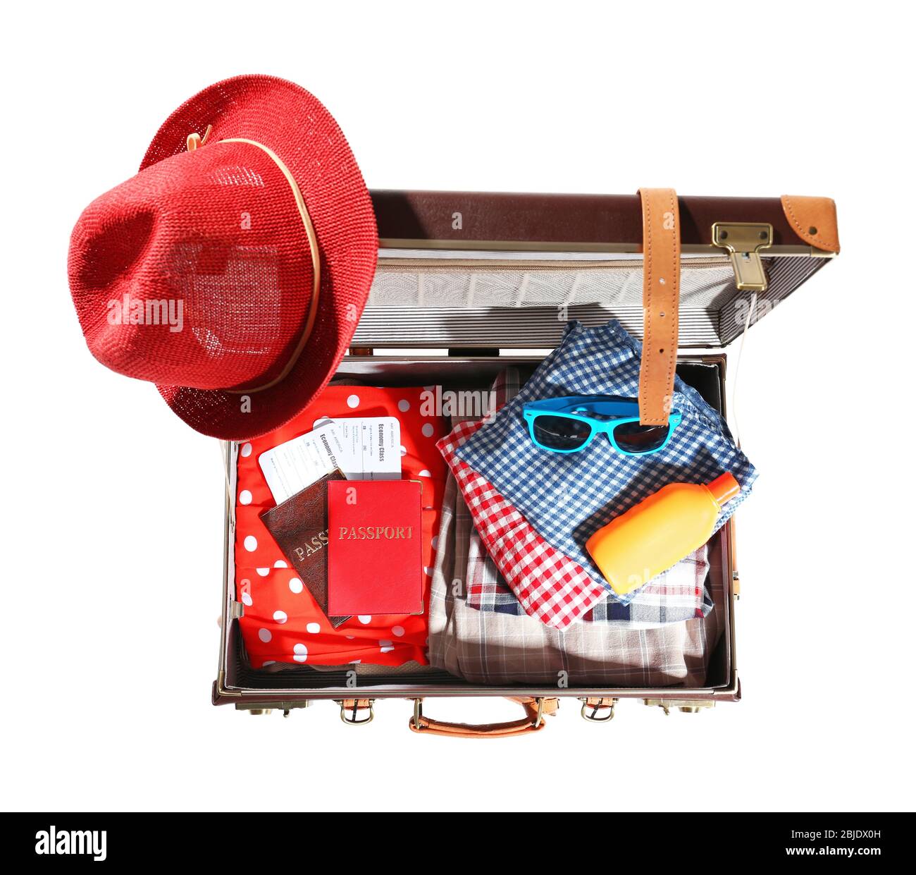 Packed traveller suitcase on white background Stock Photo - Alamy